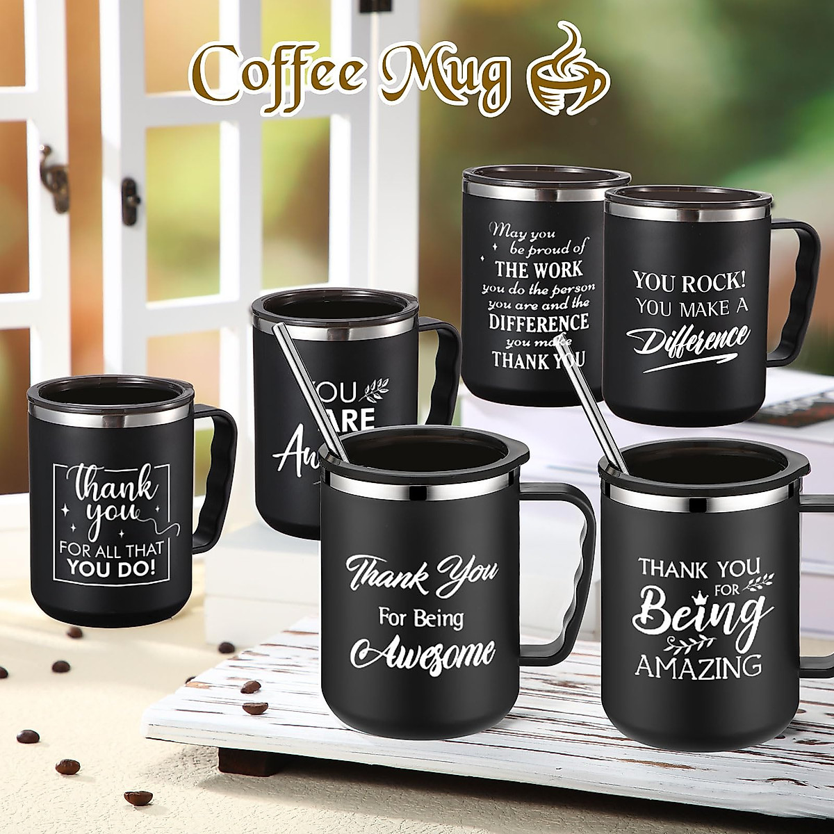 Sumind Thank You Employee Appreciation Gifts 17 oz Inspirational Stainless Steel Coffee Mugs with Handle Lid Straw for Thanksgiving Christmas Staff Coworker Teacher Gifts(Black,6 Pcs)