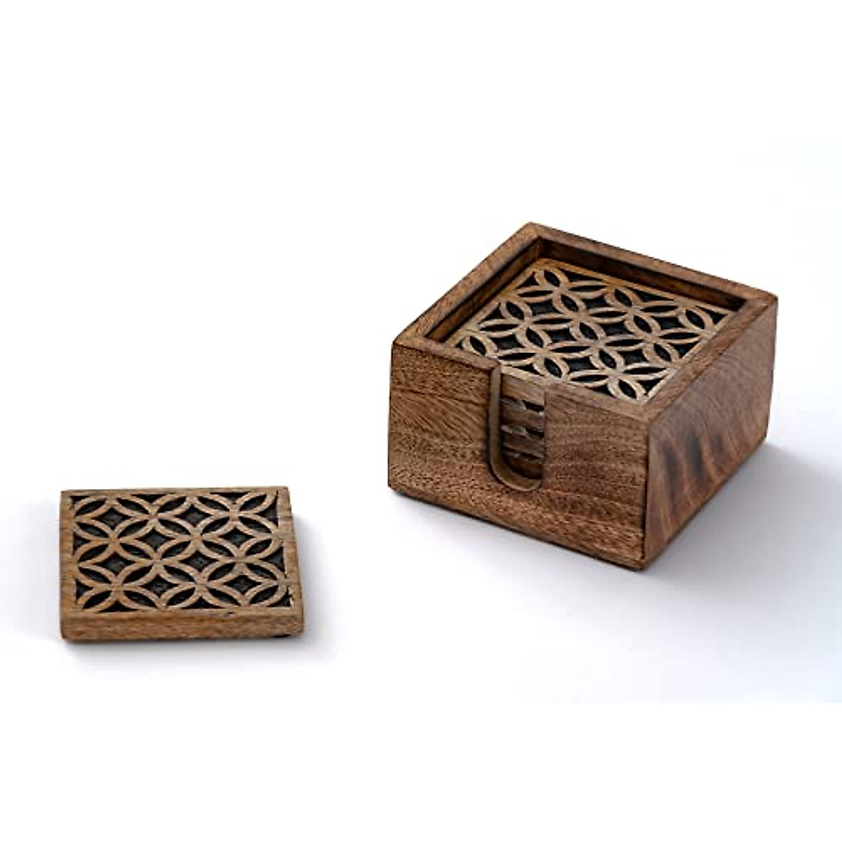 FIGTREE - Set of 6 Wooden Coasters for Drinks Absorbent with Holder, Coasters for Coffee Table Protection, Coffee Table Decor, Perfect House Warming Gift, Lattice