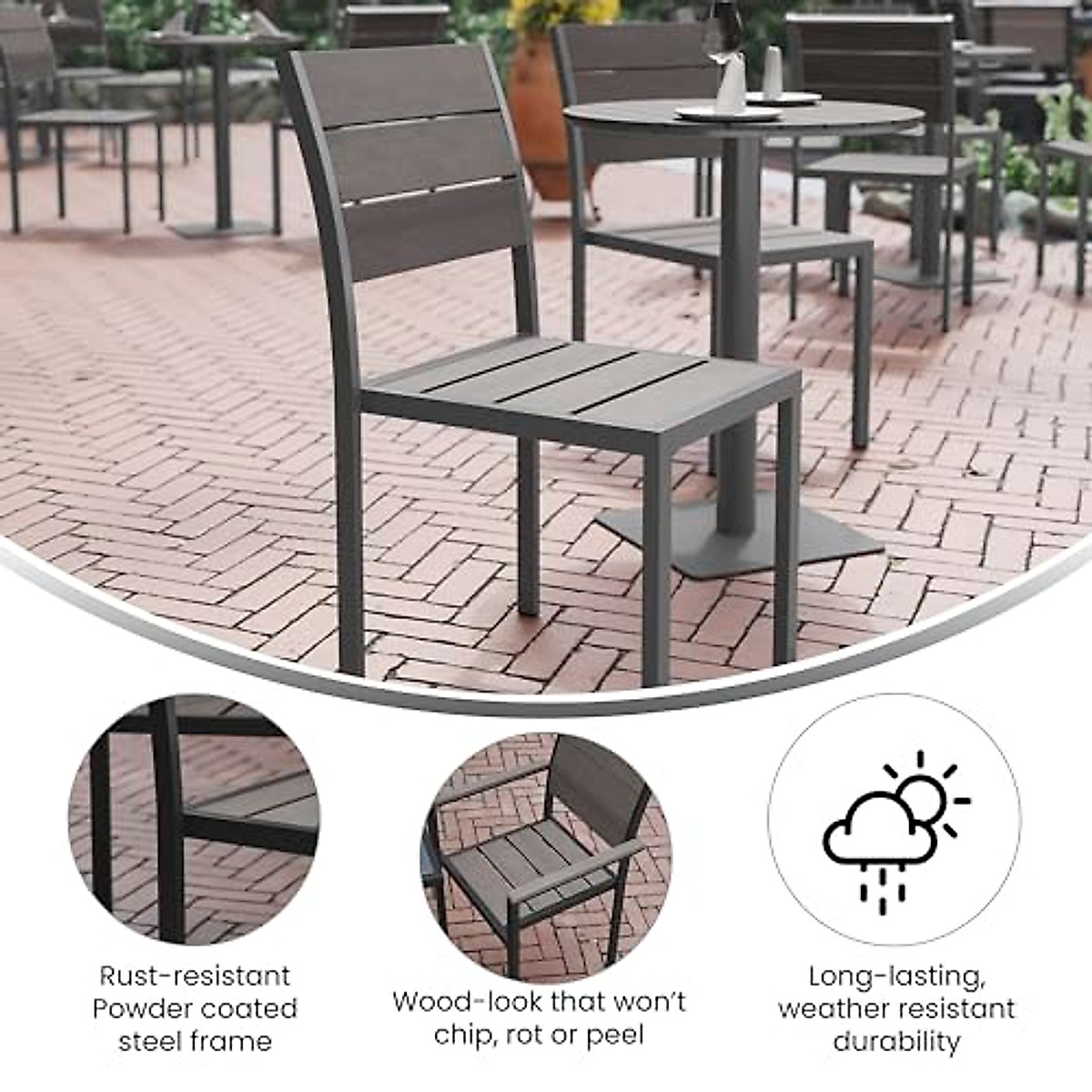 Flash Furniture Finch Commercial Grade Armless Patio Chair, Stackable Side Chair with Faux Teak Poly Slats and Metal Frame, Gray/Gray