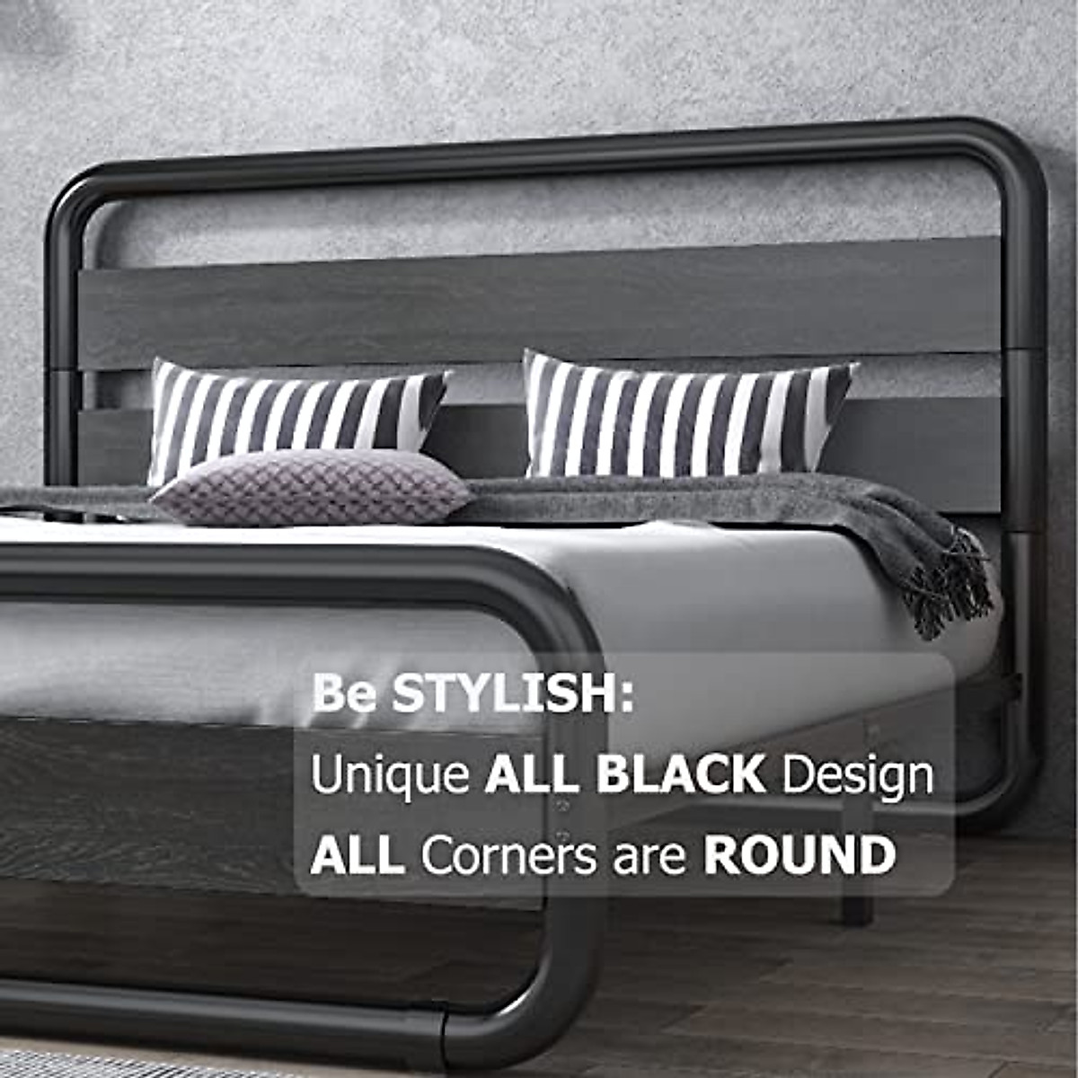 SHA CERLIN King Size Platform Bed Frame with Wooden Headboard and Footboard, Heavy Duty Metal Bed Frame with 10" Under-Bed Storage, Noise-Free, No Box Spring Needed, Black