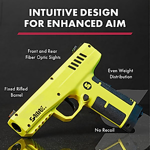 SABRE Pepper Projectile Launcher, Home Defense. Mag holds 7 .68 Caliber projectiles, Adjustable Fiber Optic Sights, Direct Impact Up to 60ft. Area Saturation Up to 175ft, 350 FPS Velocity. 12g CO2