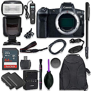 Canon EOS R Mirrorless Digital Camera Body Only Kit with Professional TTL Flash, Prot Backpack, 64GB Memory, Universal Timer Remote Control, Spare LP-E6 Battery (15 Items) (Renewed)