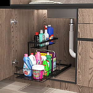 Hounyoln Under Sink Organizer and Storage,2-Tier Metals Kitchen Cabinet Organizer Pull-Out Sliding Cabinet Basket Storage Organization,for Kitchen/Bathroom/Laundry Space Saver