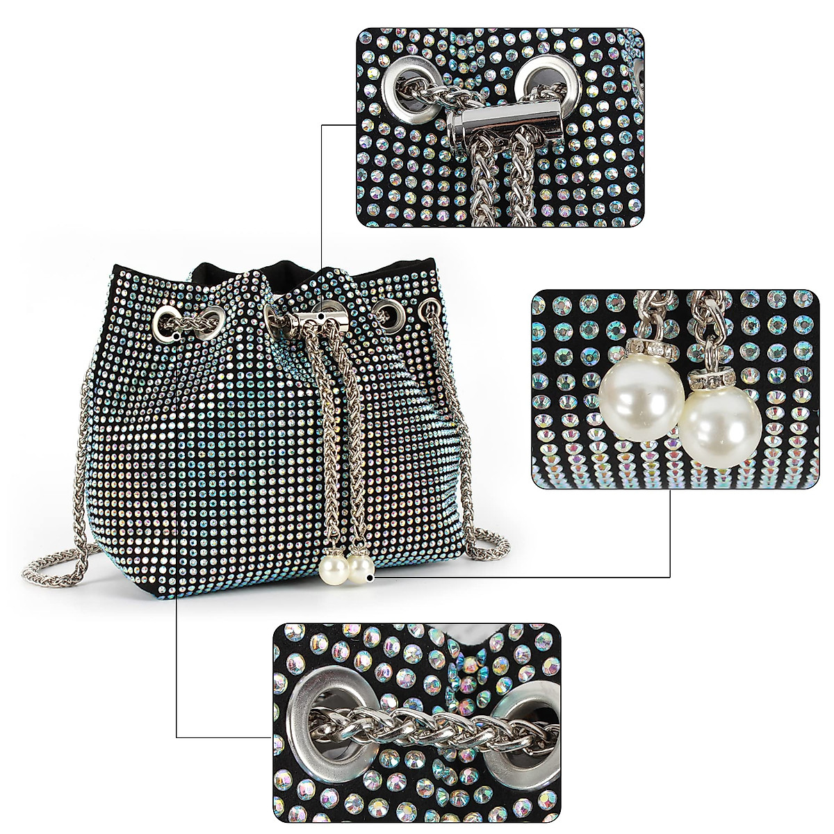 Hyuyikuwol Women Rhinestones Crystal Clutch Drawstring Bucket Bag Mini Evening Bags Crossbody Purses Pearl Party Prom Wedding, Blue