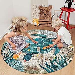 Libaoge Round Area Rugs 4 ft Diameter Indoor Aloha Mats Sea Turtle Ocean Animal Nautical Map Soft Living Room Bedroom Unique Carpet Woman Yoga Mat Home Decor