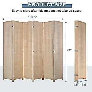 6 Panel Room Divider Wall Screen 6FT Tall Folding Wood Frame Privacy Divider Screen Freestanding Wall Divider Partition Vintage Room Separation Screen Portable Breathable Partition Divider, Natural