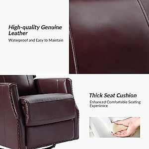 HULALA HOME Genuine Leather Swivel Rocker Recliner with Metal Base, Manual Glider Recliner Chair with Adjustable Backrest & Footrest, Modern Home Theater Sofa Chair for Living Room, Burgundy