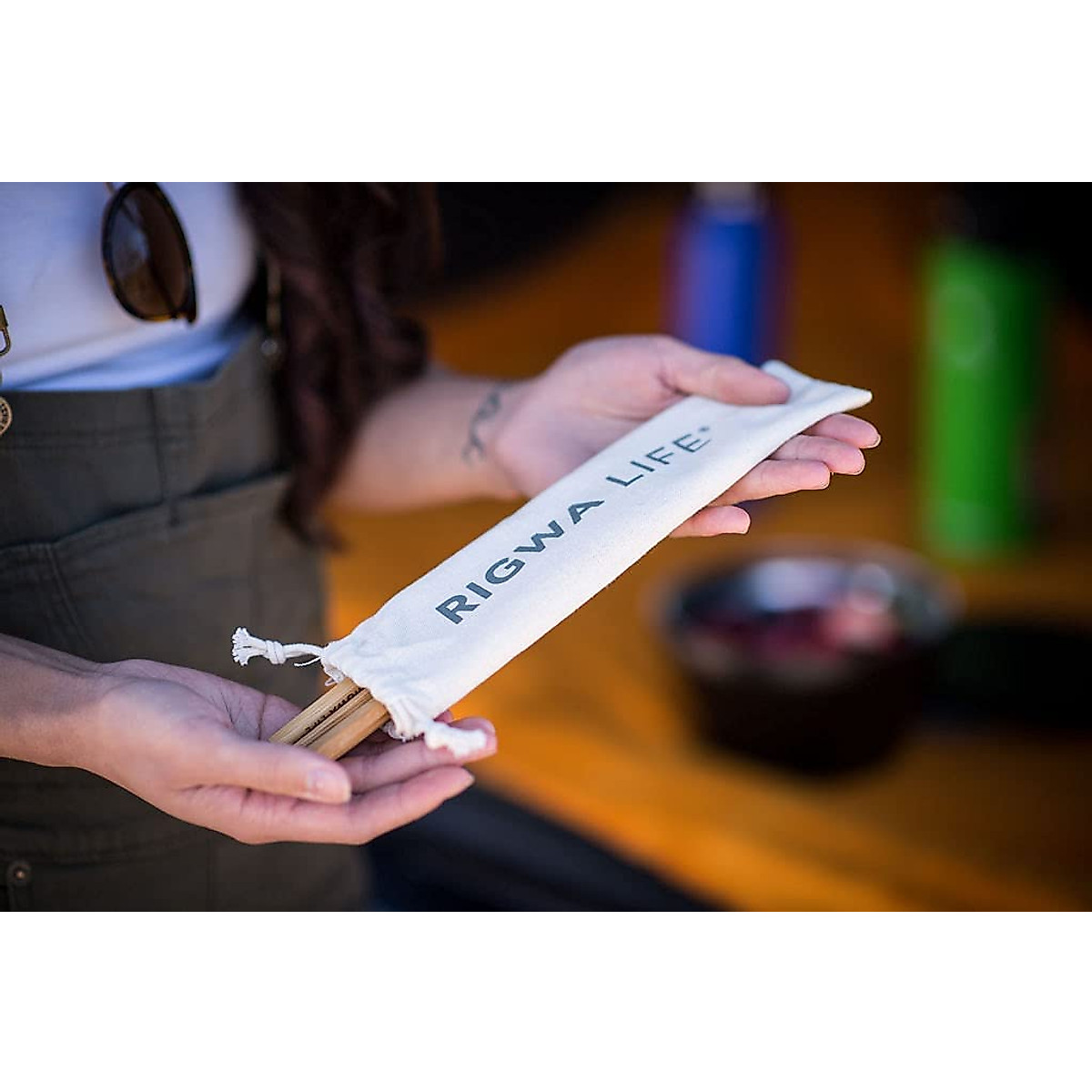 RIGWA LIFE | Custom Bamboo Cutlery | Reusable & Eco-Friendly Travel Utensils | Wooden Utensils for eating | Includes reusable Chopsticks, Spoon, Fork, Knife and Canvas Bag |