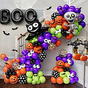 CboDeco 137pcs Halloween Balloon Garland Arch Kit with Black Orange Purple Green Pumpkin Confetti Balloons Skull Bat Foil Balloons for Halloween Theme Party Background Classroom Decorations