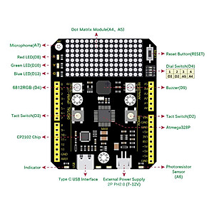 KEYESTUDIO Max Control Board for Arduino Uno with Three LEDs, Two 6812Rgb LEDs, Two Button Switches, a Buzzer, a Microphone Sensor, a Light Sensor, and an 8 * 16 Dot Matrix