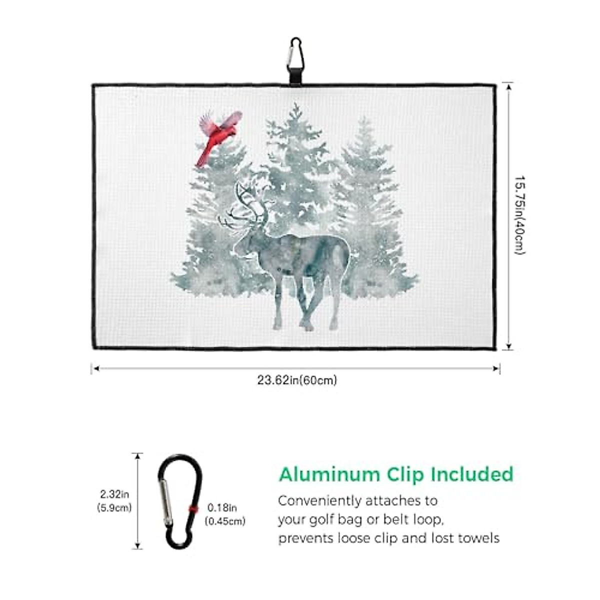 Golf Towel Christmas Reindeer Cardinal Cedar,Waffle Pattern Microfiber Club Cleaner Golf Towels with Carabiner Clip for Women Men Dad,Xmas Animal Plant Silhouette Golf Towel for Golf Bags,24x16in
