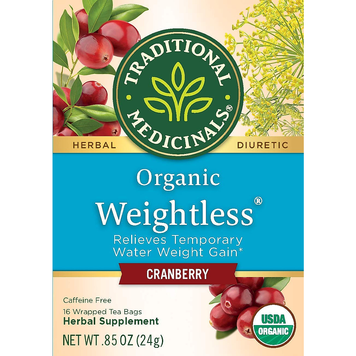 Traditional Medicinals Organic Weightless Cranberry Herbal Tea, Relieves Temporary Water Weight Gain, (Pack of 1) - 16 Tea Bags