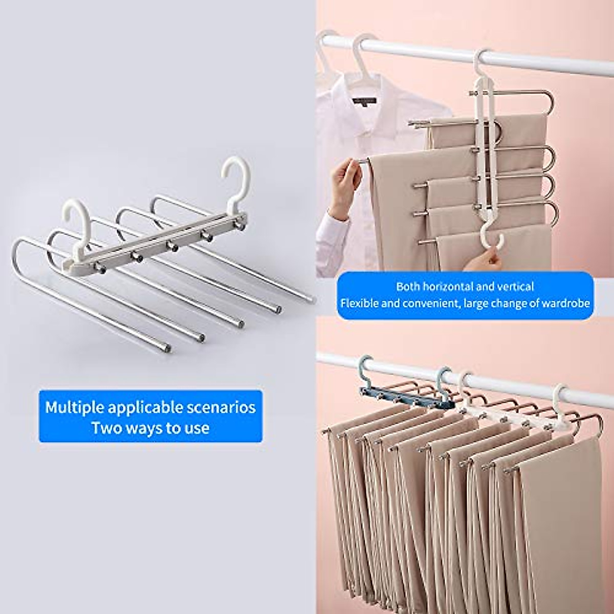 Magic Pant Hanger Multi Functional Non-Slip Pants Rack 5 Layers Space Saving Closet Storage Organizer for Jeans Trousers Pants Scarf Skirts 1 Pack (Grey)