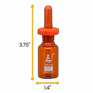 EISCO Dropping Bottle, 30ml (1oz) - Amber Borosilicate 3.3 Glass - Eye Dropper Pipette and Dust Proof Rubber Bulb - Octagonal, Non-Screw Top