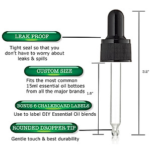 Glass Eye Droppers for Essential Oil 15ml (1/2 Ounce) - Compatible With Most Well Known 15 ml Essential Oil Brands