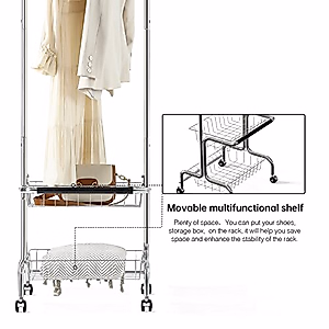 aixsponsa Rolling Clothes Rack with 2 Tier Basket, Freestanding Clothing Racks for Hanging Clothes, Metal Garment Rack with Wheels, Chrome