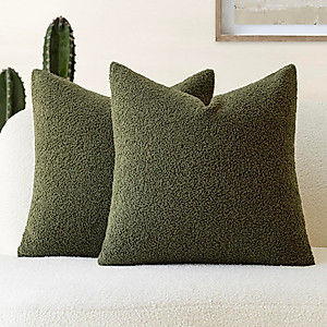 Foindtower Pack of 2, Curly Faux Fur Decorative Throw Pillow Covers Soft Plush Cushion Case with Zipper Cozy Fluffy Boho Pillowcase for Home Living Room Couch Bed Sofa 18 x 18 Inch, Moss Green
