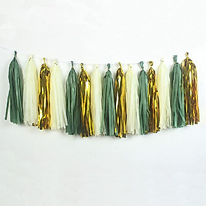 15 Pc DIY Sage Green Blush Nude Gold Tissue Paper Tassel Garland Party Banner for Neutral Baby Baptism Eucalyptus Greenery Woodland Baby Shower Rustic Wedding Party Decoration