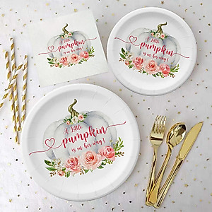 Yuzioey Pumpkin Baby Shower Decorations, A Little Pumpkin is on the Way Baby Shower Tableware for 25 Guests, Pumpkin Theme Baby Shower Supplies Tableware, Paper Plates, Napkins, Dessert Plates