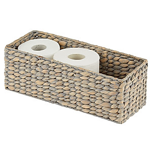 mDesign Woven Hyacinth Narrow Bathroom Toilet Roll Holder Storage Organizer Basket Bin - Rectangle Containers for Bathroom, Toilet Tank - Hold 3 Rolls of Toilet Paper - 2 Pack - Gray