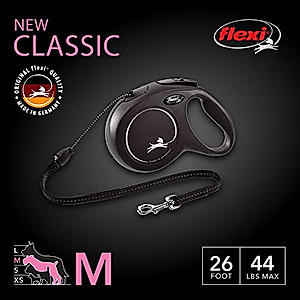 FLEXI® New Classic Retractable Dog Leash (Cord), Ergonomic, Durable and Tangle free Pet Walking Leash for Dogs Up to 44 lbs, 26 ft, Medium, Black