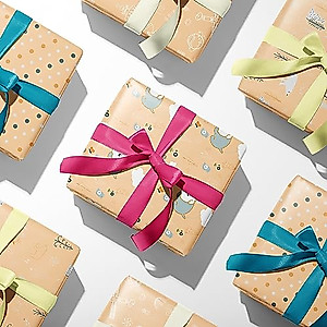 Ulmasinn Baby Shower Wrapping Paper Flat 8 Sheets for Baby Boys Girls, Kraft Paper with Satellite, Bear, Deer, Polka Dot Design for Birthday, Holiday, Baby Shower Packing, 20 X 29 Inches Each