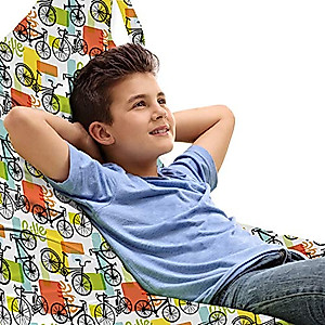 Ambesonne Bicycle Lounger Chair Bag, Bicycle Sketches Retro Style Geometric Shapes of Colors Hand-Drawn Like Lettering, High Capacity Storage with Handle Container, Lounger Size, Multicolor