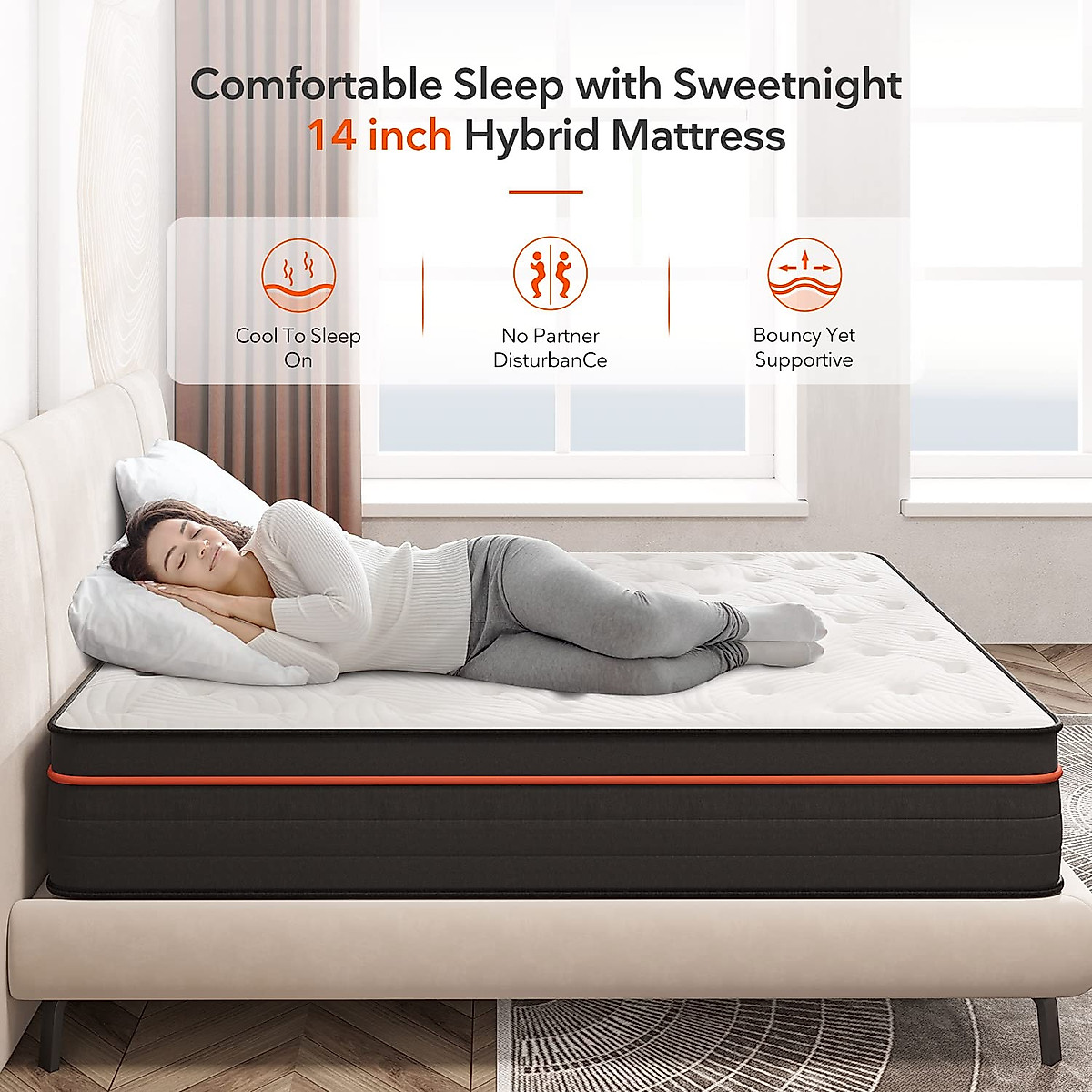 Sweetnight Queen Size Mattress, 14 Inch Plush Pillow Top Hybrid Mattress, Cooling-Gel Memory Foam Queen Mattress with Individual Pocket Innerspring for Motion Isolation & Balance Support