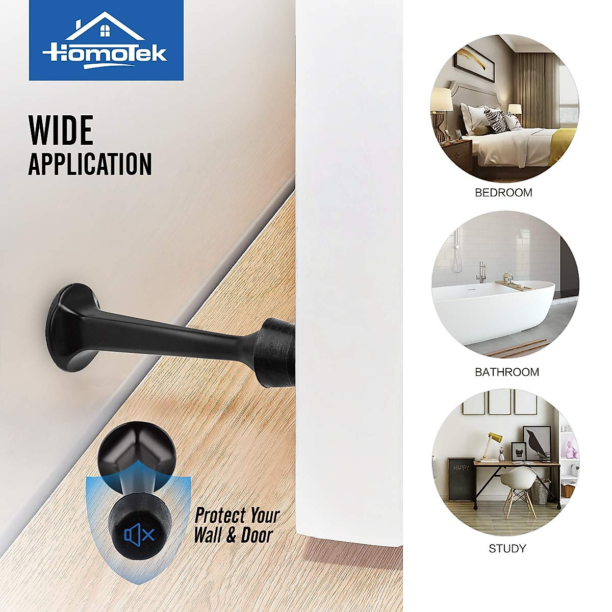 HOMOTEK 12 Pack Heavy Duty Solid Rigid Door Stop with Soft Rubber Tip, Zinc Die Cast Door Stopper Protect Wall & Door, Black