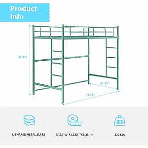 Pipleo Loft Bed Twin Size, Multifunctional Twin Size Loft Bed Frame with Safety Guardrail and Ladder, Space-Saving, Loft Beds for Juniors and Teens, No Box Spring Needed