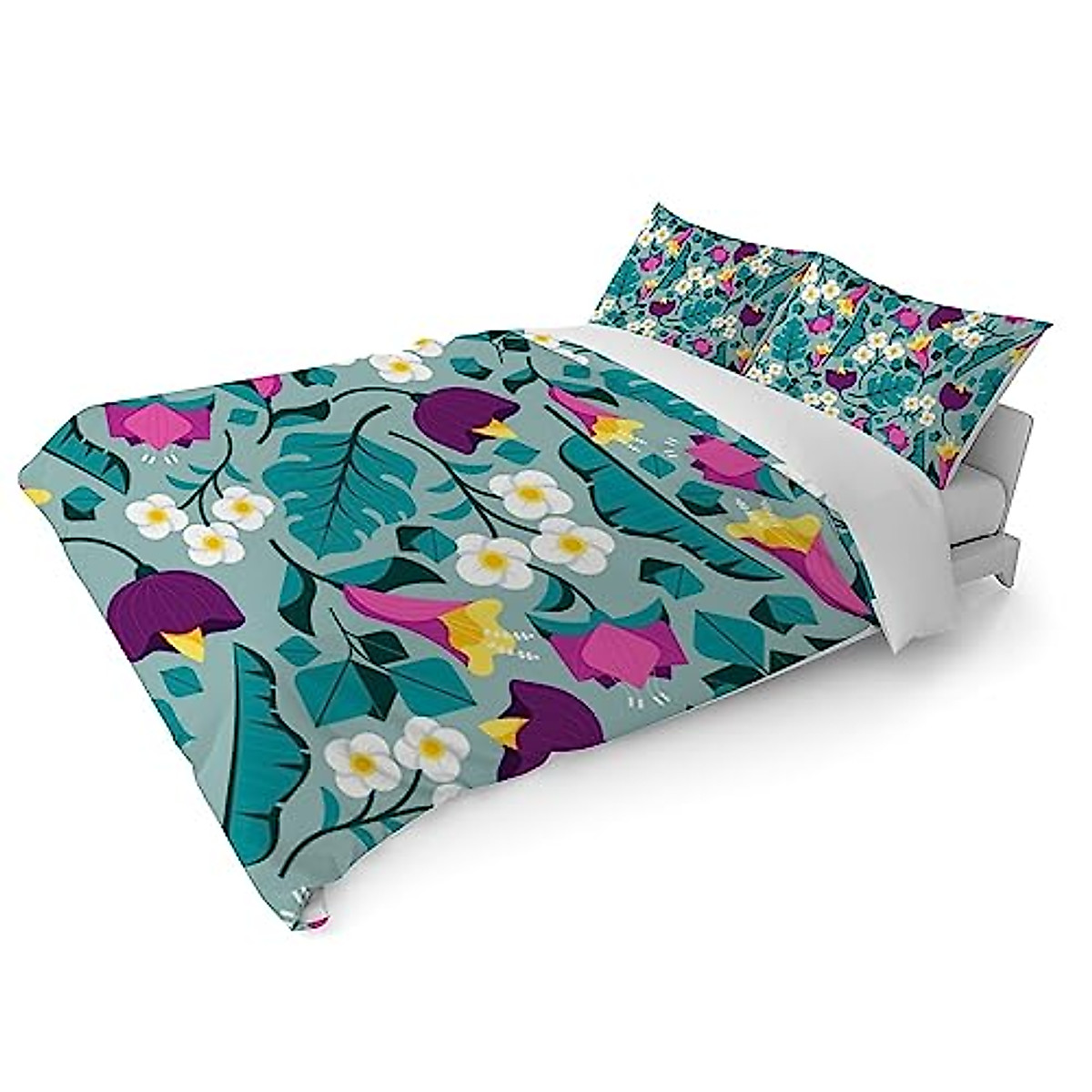Duvet Cover Sets California King -Colorful Floral Leaves-Bedding Comforter Set Breathable SetsSoft Microfiber 3 Pcs