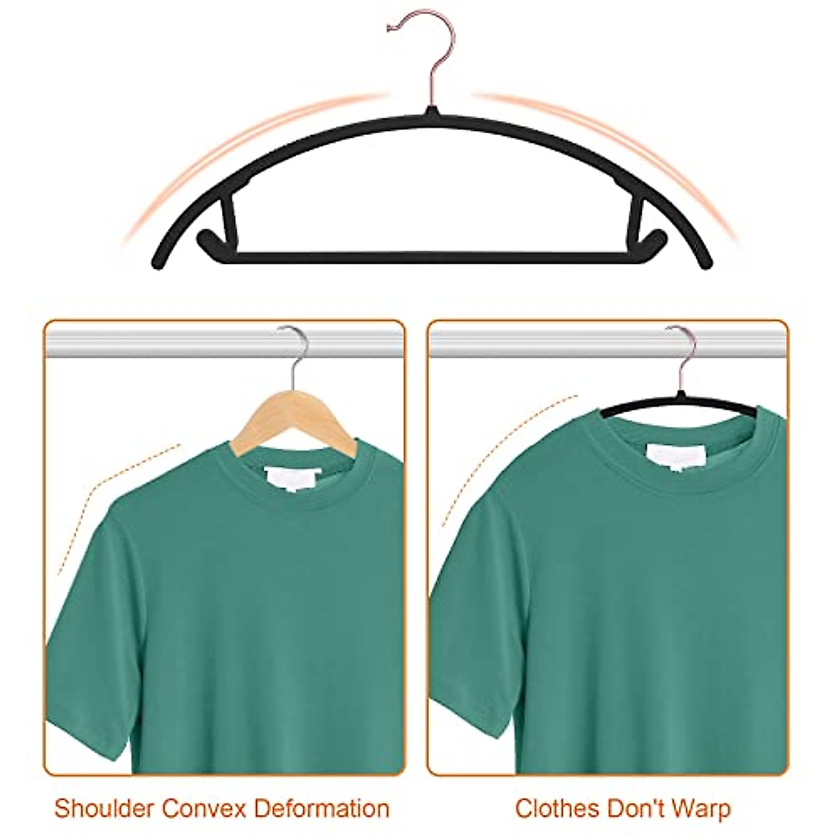 OIKA Hangers 50pack No Shoulder Bump Plastic Suit Hangers - Rose Gold Hooks,Non Slip Space Saving Clothes Hangers, Heavyduty Pants Hangers, Black Hangers