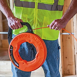 Klein Tools 56380 Non-Conductive Electrical Fish Tape, Multi-Groove Fiberglass Wire Puller with Steel Leader, 100-Foot x 3/16-Inch