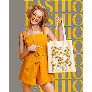 AUSVKAI Canvas Tote Bag Aesthetic for Women, Cute Yellow Flower Reusable Cloth Cotton Bags for Shopping School Beach Trendy Gifts