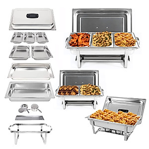 Restlrious Chafing Dish Buffet Set 8 QT Stainless Steel Foldable Rectangular Chafers and Buffet Warmer Sets w/Full & Half & Third Size Food Pan, Water Pan, Fuel Holder for Event Catering, 5-Pack
