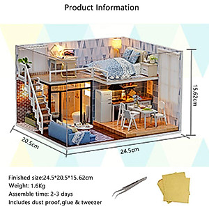 MAGQOO 3D Wooden Dollhouse Miniature DIY House Kit with Furniture,1:24 DIY Dollhouse Kit Dust Proof Included (Blue Times)