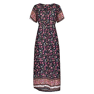 WYTong Women’s Dresses Summer Casual Dress Sexy V Neck Short Sleeves Floral Flowy Pleated Beach Maxi Dress(Navy,Small)