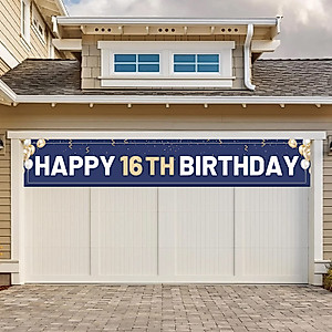 Happy 16th Birthday Banner Blue, Large 16th Bday Sign, 16th Birthday Party Outdoor Decoration for Boy Men（9.8 x 1.6 feet）
