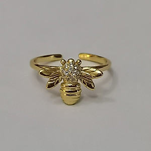 CZ Bee 925 Sterling Silver Ring for Women 14K Gold Plated Cubic Zirconia Crystal Texture Animal Honeybee Statement Open Band Rings Comfort Fit Adjustable Expandable Finger Jewelry Dainty