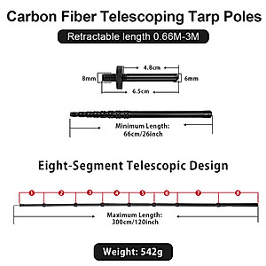 Telescoping Tarp Poles, Replacement Canopy Adjustable Carbon Fiber Rods Set of 2, Portable & Lightweight Tent Tarps for Awning, Outdoor Camping, Hiking 3M
