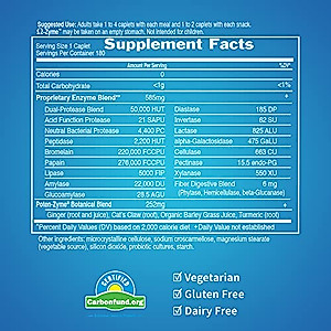 Garden of Life 20 Vegetarian Digestive Enzymes with Papain, Bromelain, Lipase & Organic Barley Grass, Ginger, Turmeric for Digestion of Protein, Carbs & Fats – Omega-Zyme - Gluten-Free, 180 Caplets