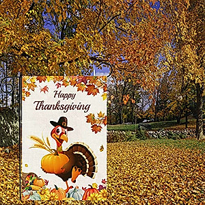 Happy Thanksgiving Garden Flags, Thanksgiving Yard Flag, Pumpkins Maple leaves Fall Flag Harvest Turkey Flags Double Sided Burlap House Decorations for Home 12 x 18 Inch