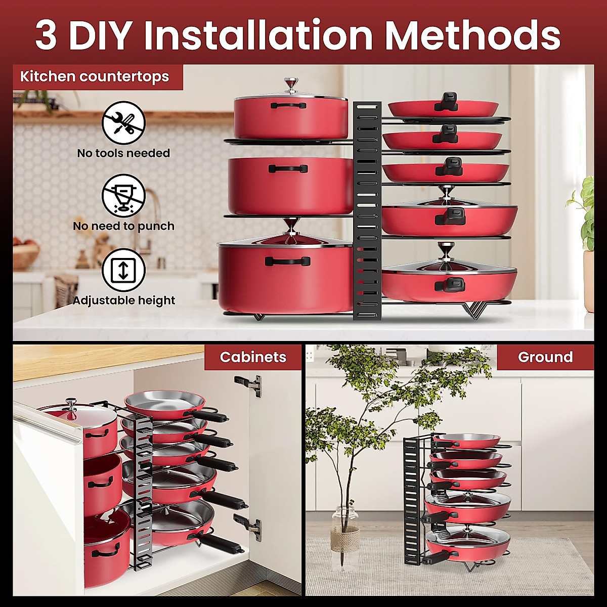 Podxco Pan Organizer Rack for Cabinet Pot Rack with 3 Diy Methods Adjustable Pot and Pan Organizer with 8 Tiers Pot Lid Organizer Holder Metal Heavy Duty Pot Organizer for Kitchen Counter and Cabinet