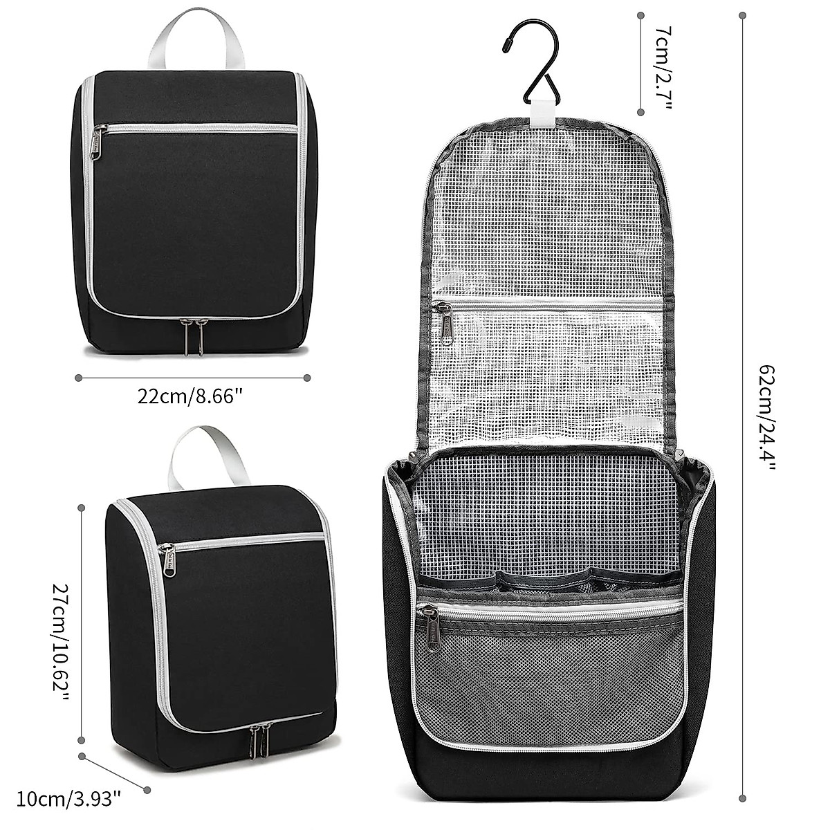 Della Gao Black Water Repellent Polyester Hanging Toiletry Bag for Travel