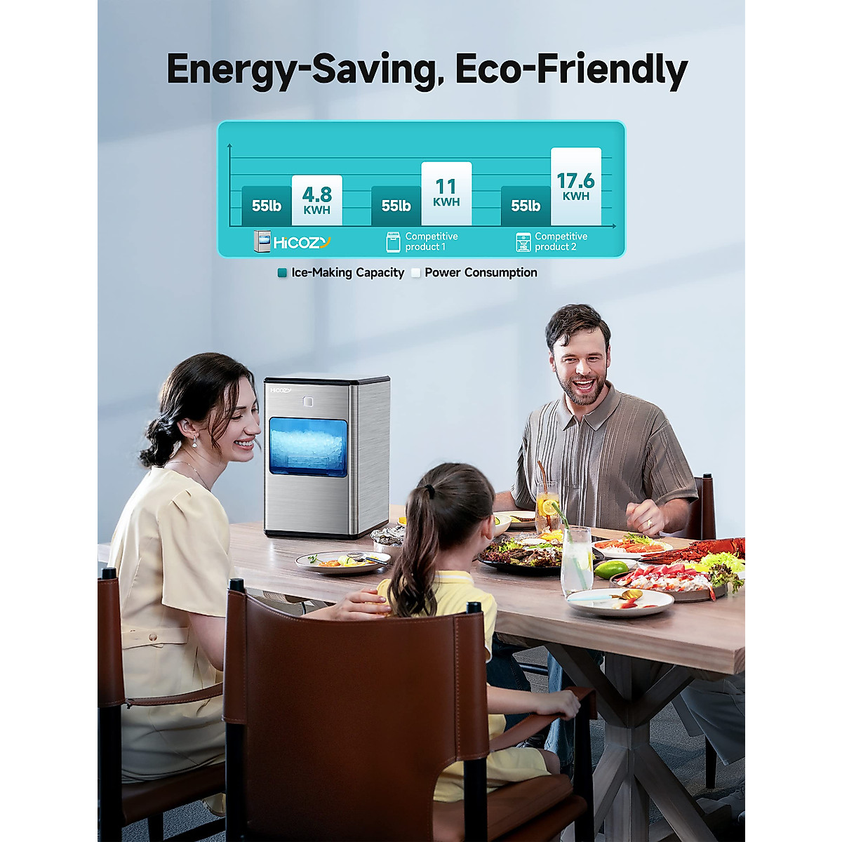 HiCOZY Nugget Ice Makers Countertop, Compact Crushed Ice Maker, Produce Ice in 5 Mins, 55LB Per Day, Self-Cleaning and Automatic Water Refill, Suitable for Home, Office (Black)