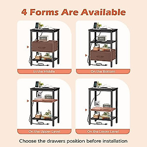 SUPERJARE Nightstands Set of 2, Bed Side Tables with Charging Station, Adjustable Fabric Drawer, Night Stands for Bedroom, 3-Tier Storage End Tables, Black