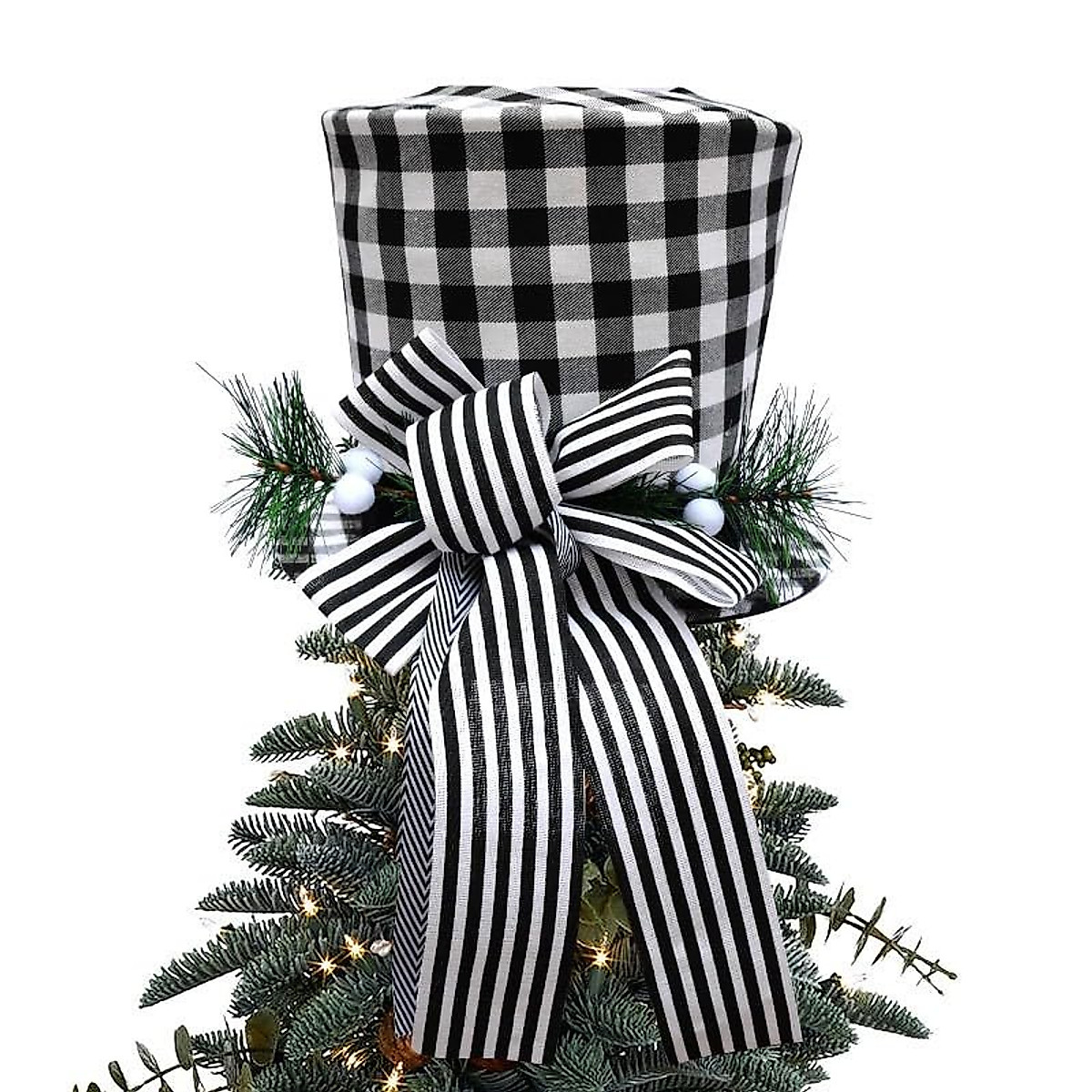 1 PCS Christmas Tree Topper Hat with Buffalo Plaid Bow Ribbon Christmas Tree Topper Christmas Decorations Christmas Tree Ornaments for Xmas Tree Home Desktop Holiday Decorations G