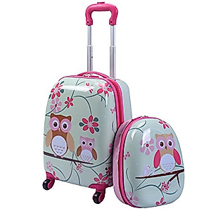 GYMAX Kids Carry On Luggage Set, 12" & 16" 2PCS Rolling Suitcase (Owl)