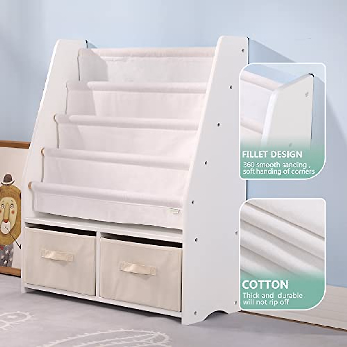 MallBest Childrens Bookshelf Kids Sling Book Rack with Two Storage Boxes and Toys Organizer Shelves Natural Solid Wood Baby Bookcase