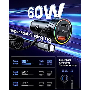 USB C Car Charger, 60W Super Fast Car Charger PD & QC 3.0 with 30W Type C Coiled Cable, Car Phone Charger for iPhone 15 Series/Samsung Galaxy S23-S21/iPhone 14-8/Google Pixel/LG/Android/iPad/MacBook